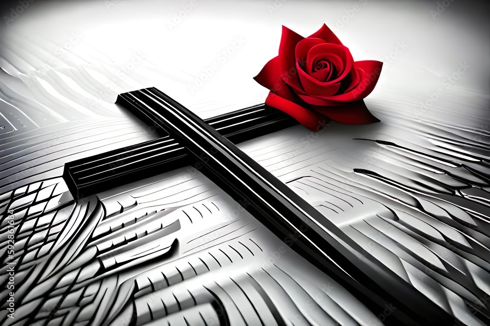 Ansprechende Trauerkarte, rote Rose und ein schwarzes Kreuz Stock ...