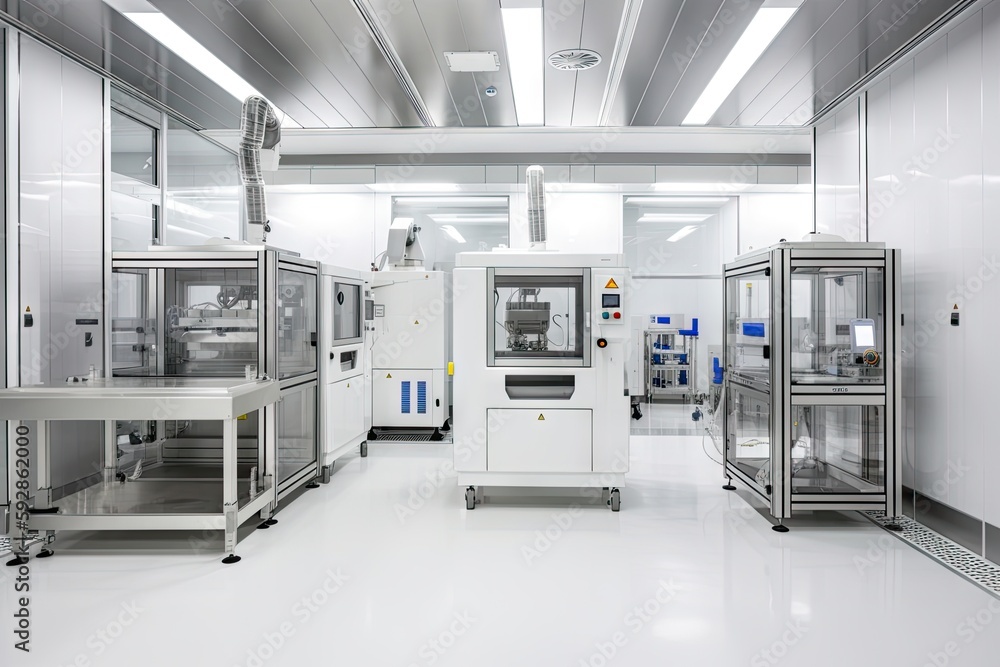 cleanroom with sterile environment room and robots performing variety ...