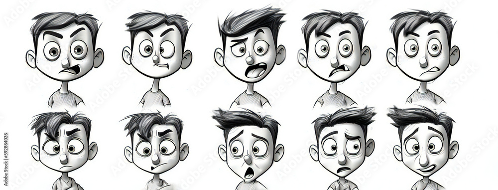 Cartoon faces. Expressive eyes and mouth, smiling, crying and surprised ...