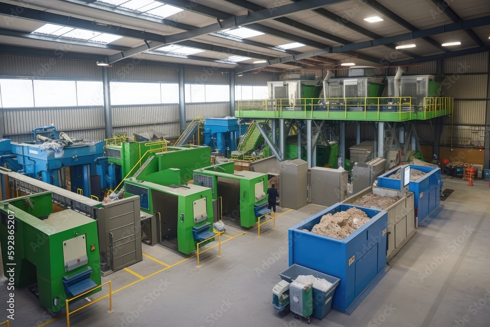 Poster recycling center, with bins and machines for sorting different ...