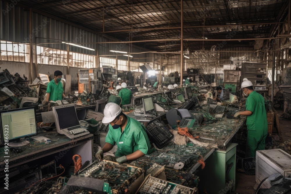 e-waste recycling plant, with workers sorting and dismantling used devices, created with ...