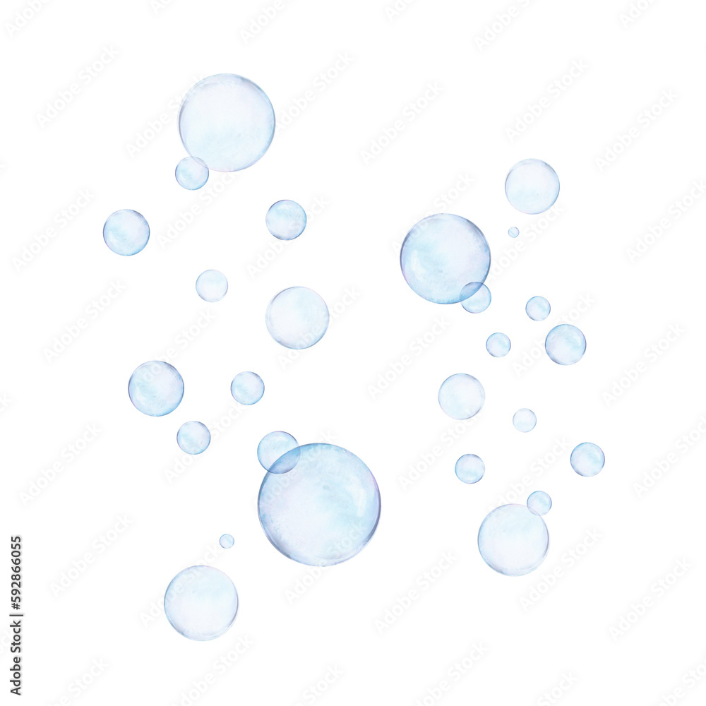 Watercolor drawn set of wide streams of bubbles rising up on white ...