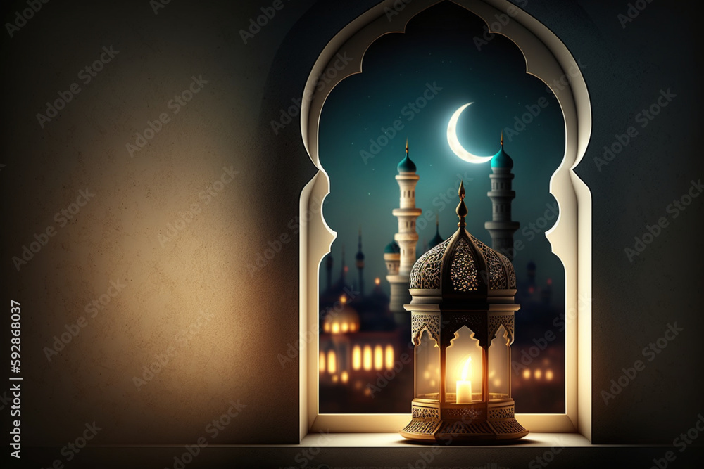 A windows depicts an islamic mosque at night with moon and lentern. In ...
