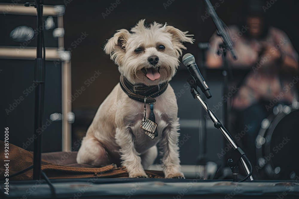 dog sitting on stage with guitar and microphone, ready to rock out in ...
