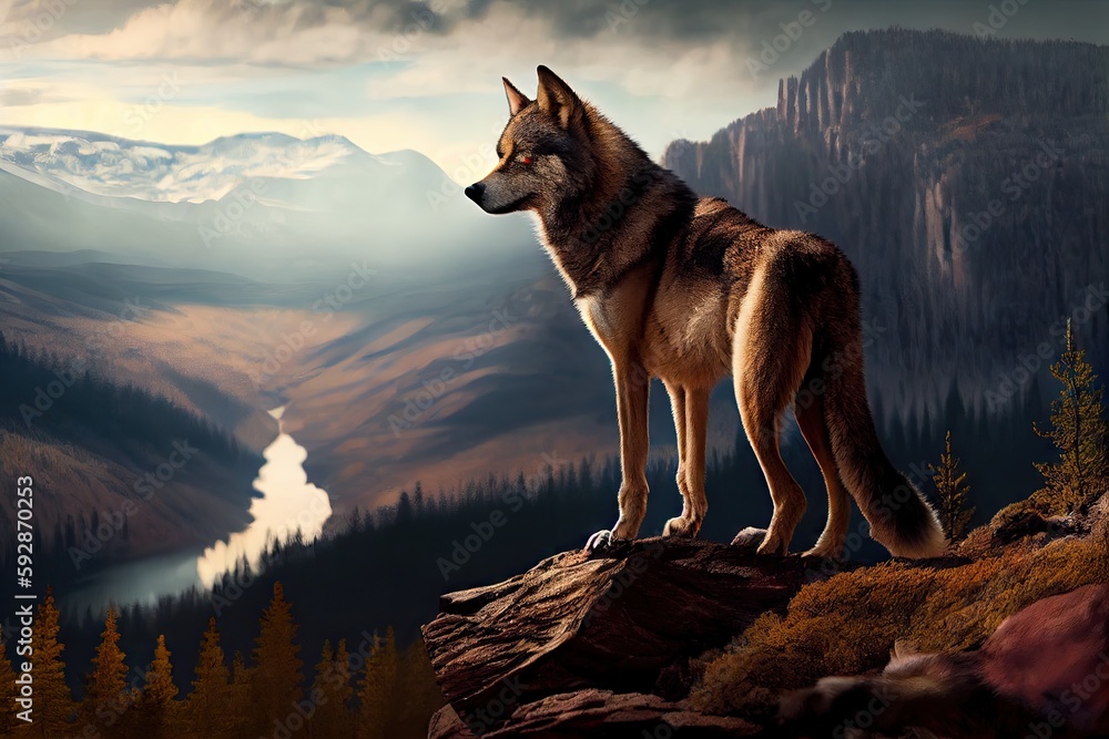 wolf standing guard over valley, keeping watch over its territory ...