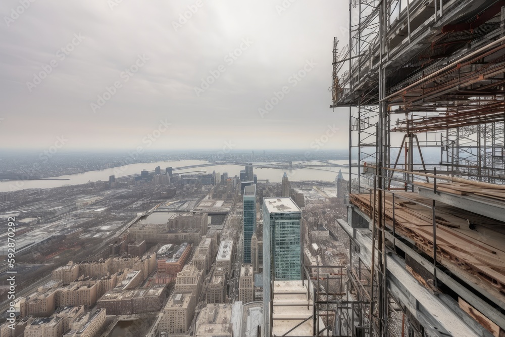 scaffolding tower with view of modern cityscape, with skyscrapers and ...