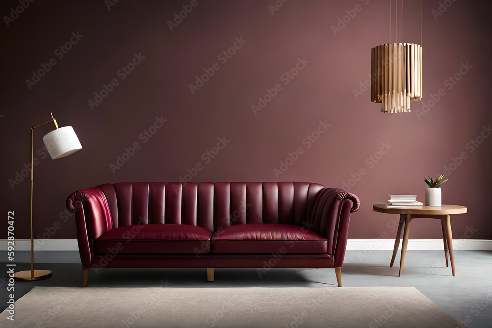 Living room with a beautiful and stylish maroon long leather sofa in ...
