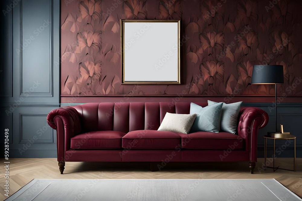 Living room with a beautiful and stylish maroon long leather sofa in ...