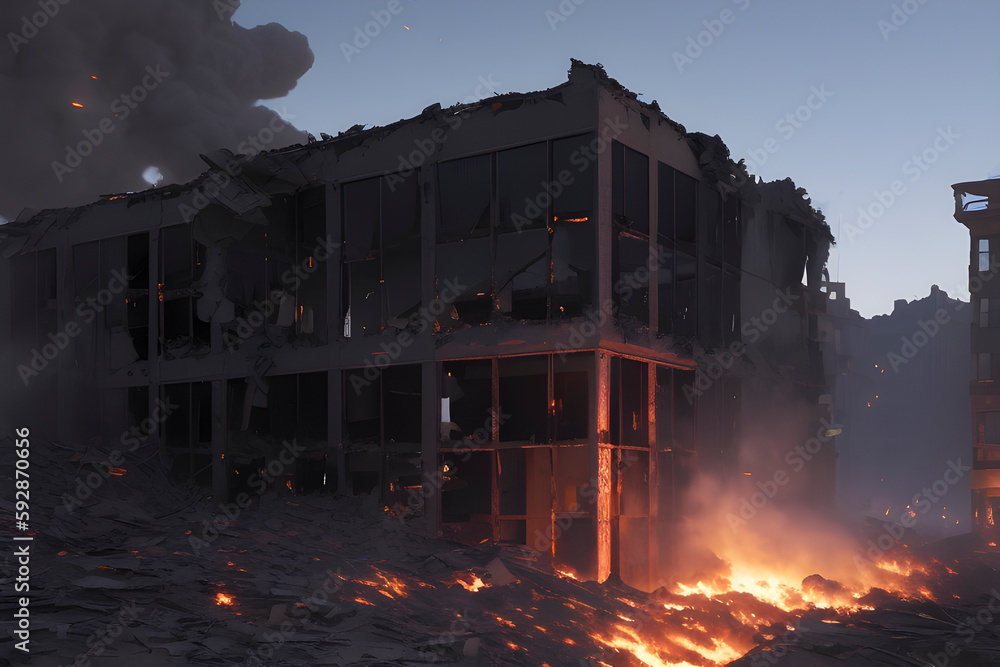 Burning big house, a lot of dark smoke. Fire in the city. Broken ...