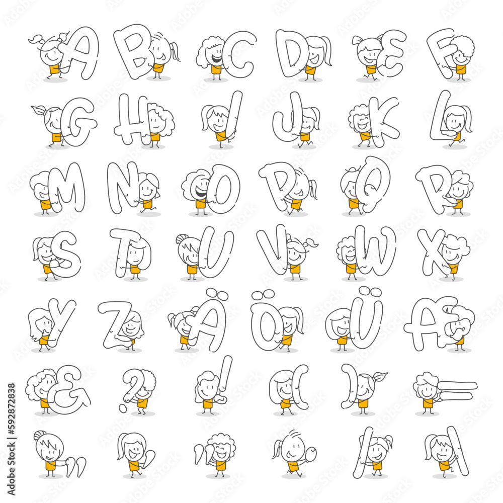 Stick figures. Alphabet. Isolated on white background. Hand drawn ...