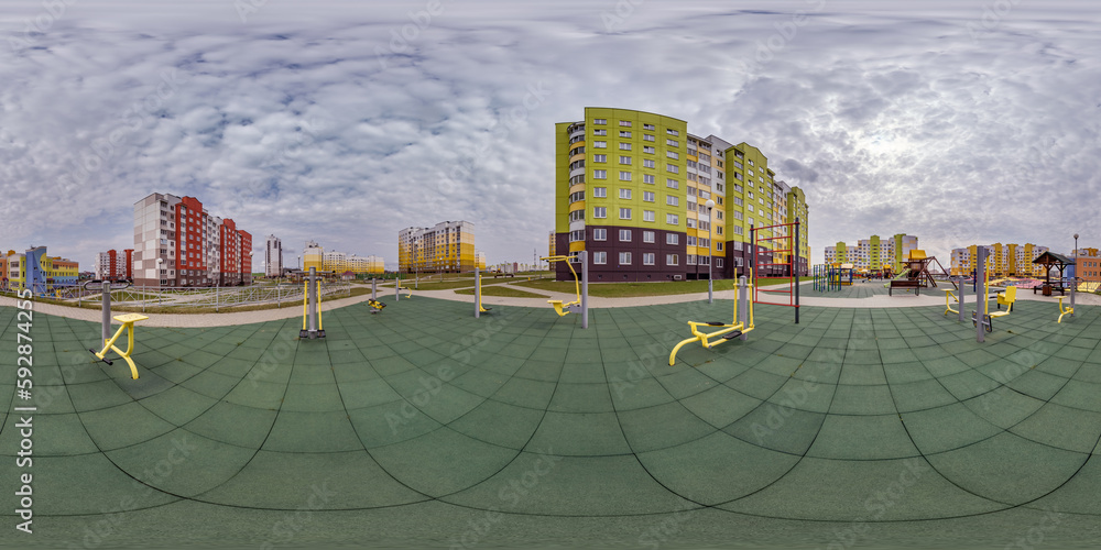 360 hdri panorama view outdoor exercise equipment gym among modern ...