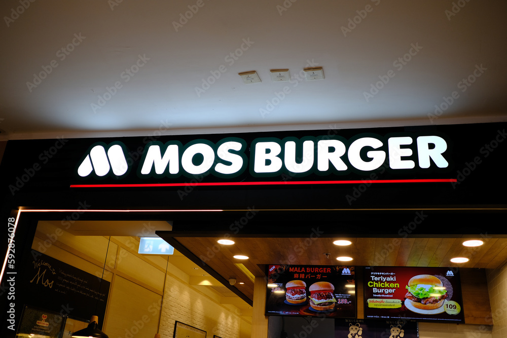 BANGKOK, THAILAND - MARCH 17, 2023: Mos Burger Sign. MOS Burger is a ...