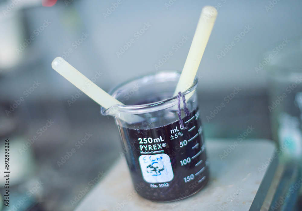 Kent, uk, 01.01.2023 Pyrex Chemical dye equipment and beakers in a ...