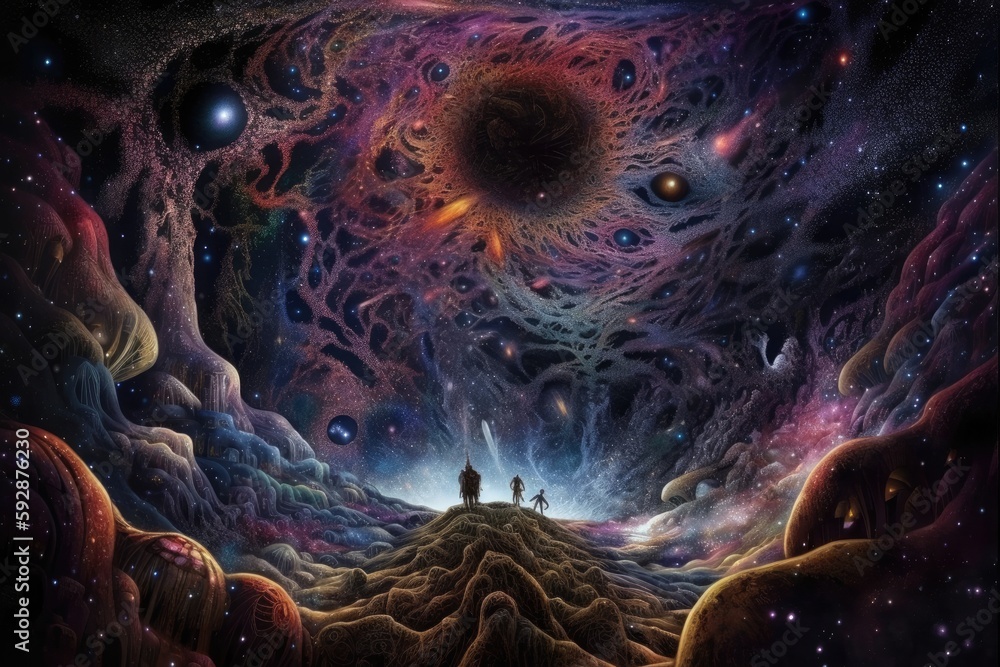 Psychedelic illustration of a nightmare with strange creatures and ...