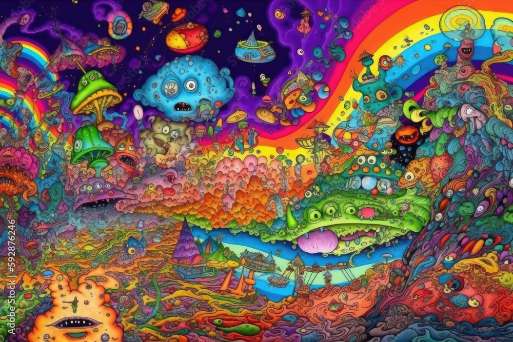 Psychedelic illustration of a nightmare with strange creatures and ...