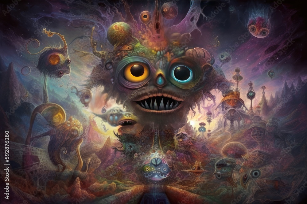 Psychedelic illustration of a nightmare with strange creatures and ...