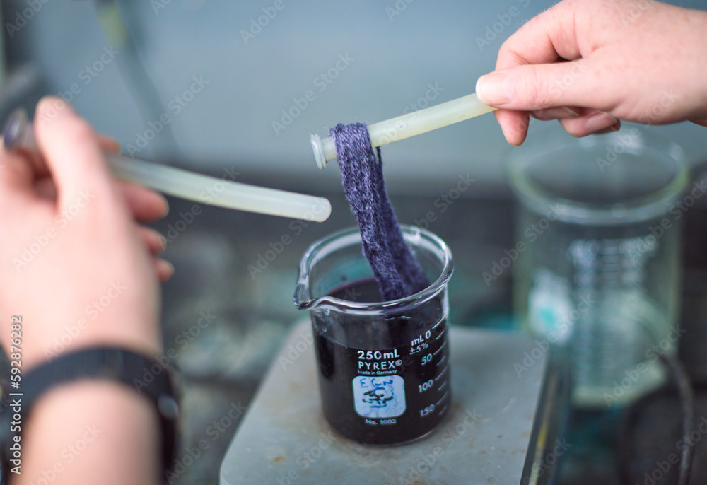 Kent, uk, 01.01.2023 Pyrex Chemical dye equipment and beakers in a ...