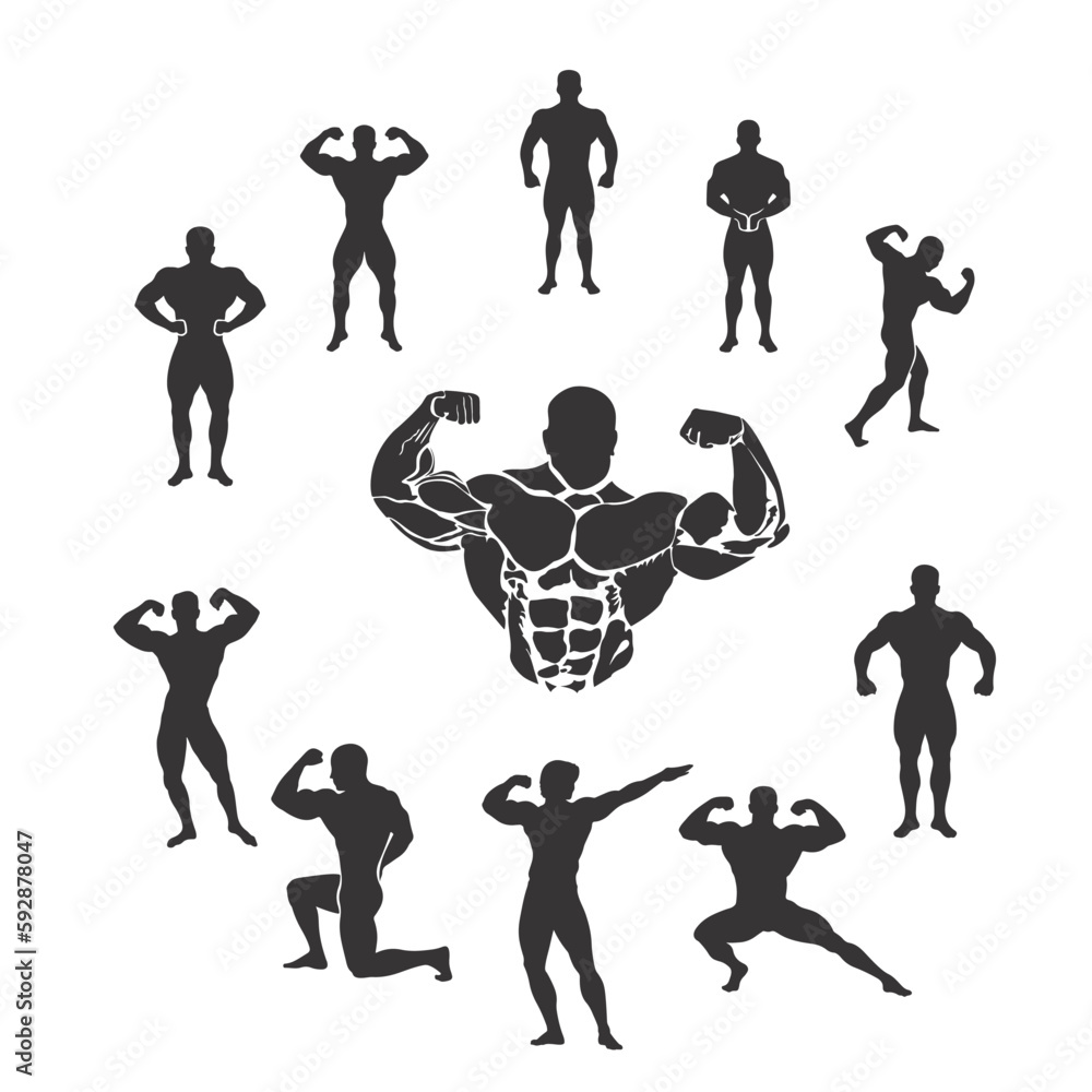 Silhouettes of athletic male athletes, black and white male bodybuilder ...