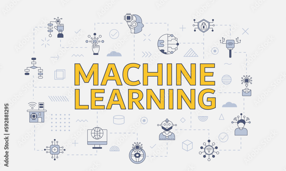 machine learning concept with icon set with big word or text on center ...