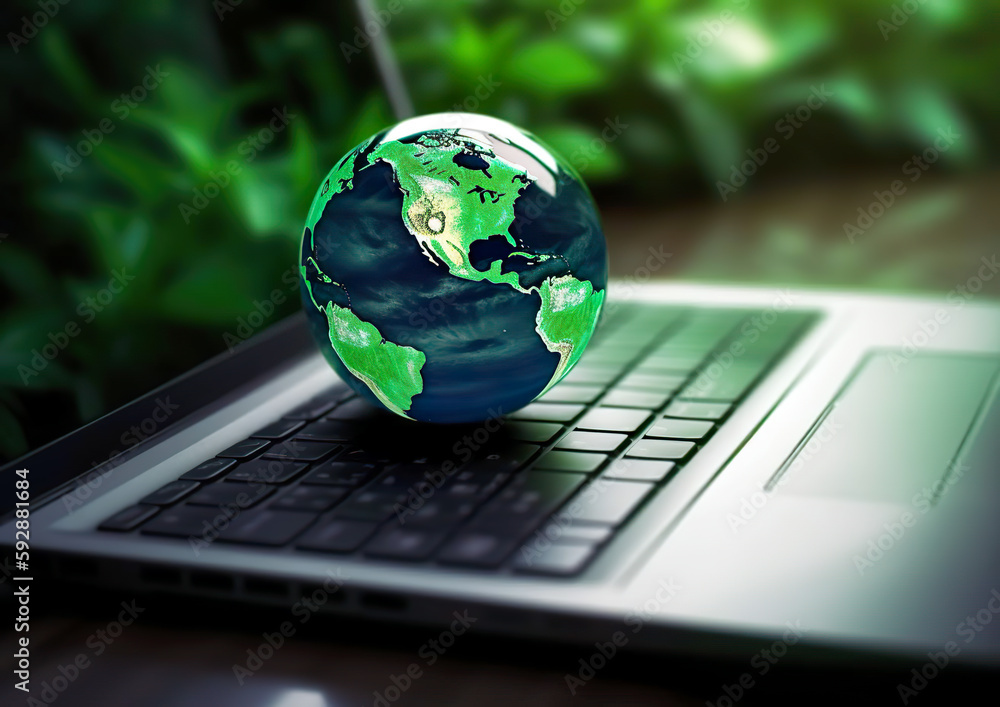Technology with the concept of nature. Laptop keyboard with green globe ...