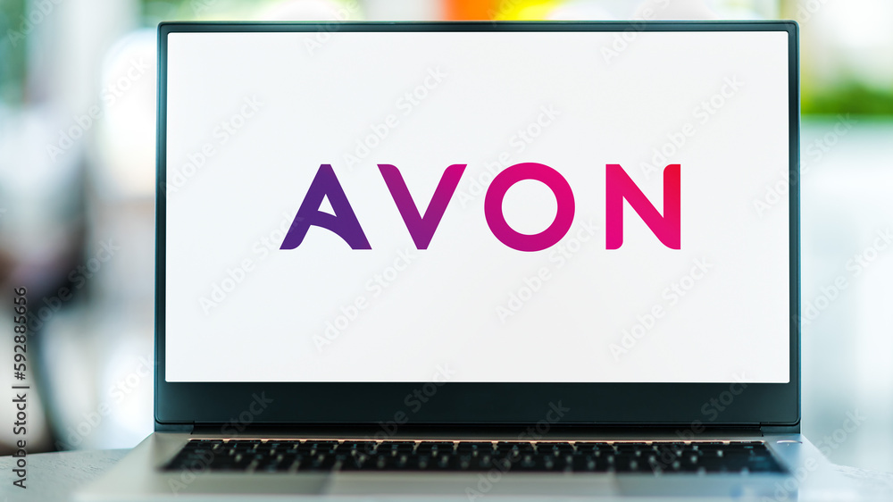 Laptop computer displaying logo of Avon Products Stock Photo | Adobe Stock