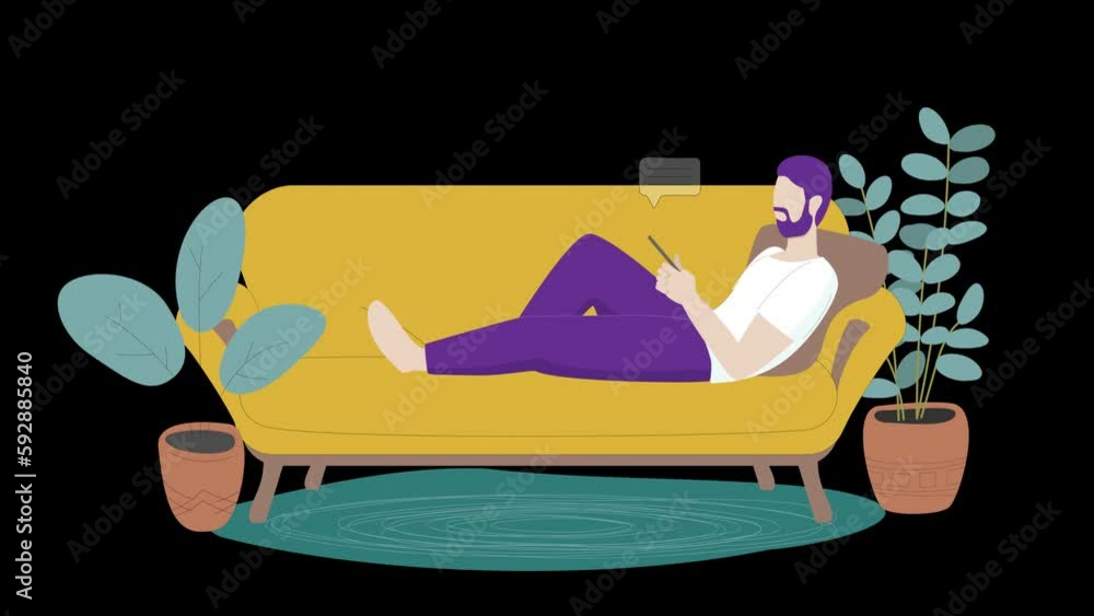 Faceless young man on a couch chatting on his smartphone. Animated hand ...
