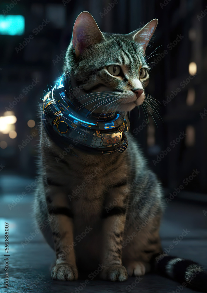 Portrait of a futuristic cyberpunk cat. A cyberpunk cat in the future ...