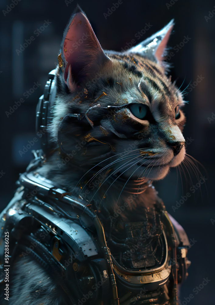 Portrait of a futuristic cyberpunk cat. A cyberpunk cat in the future ...