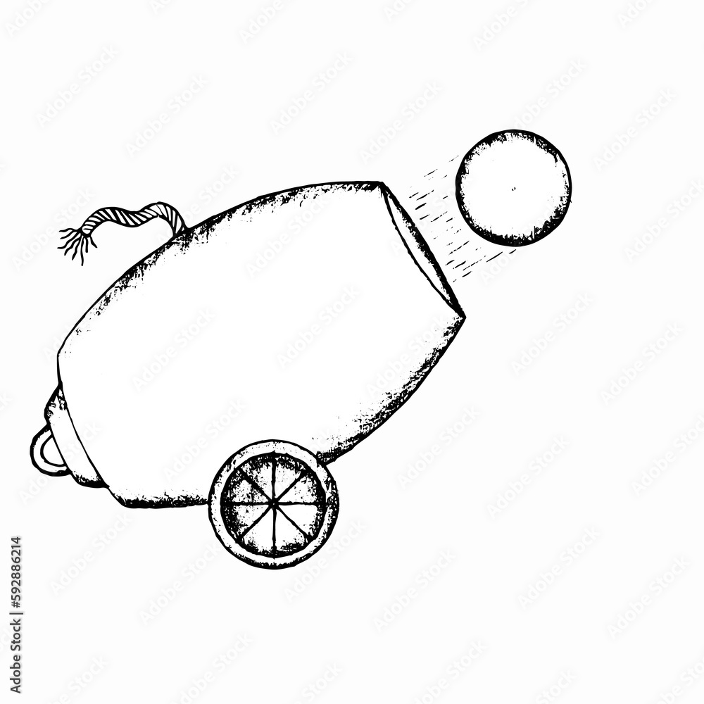 An ancient cannon with a fuse from which a cannonball flies out ...