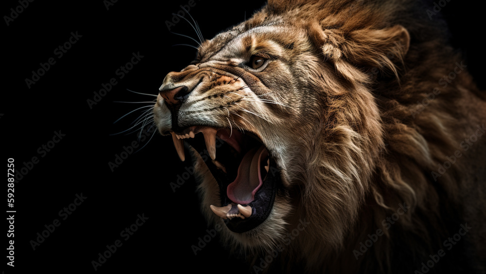 Roaring lion, side view of aggressive angry predator on black ...