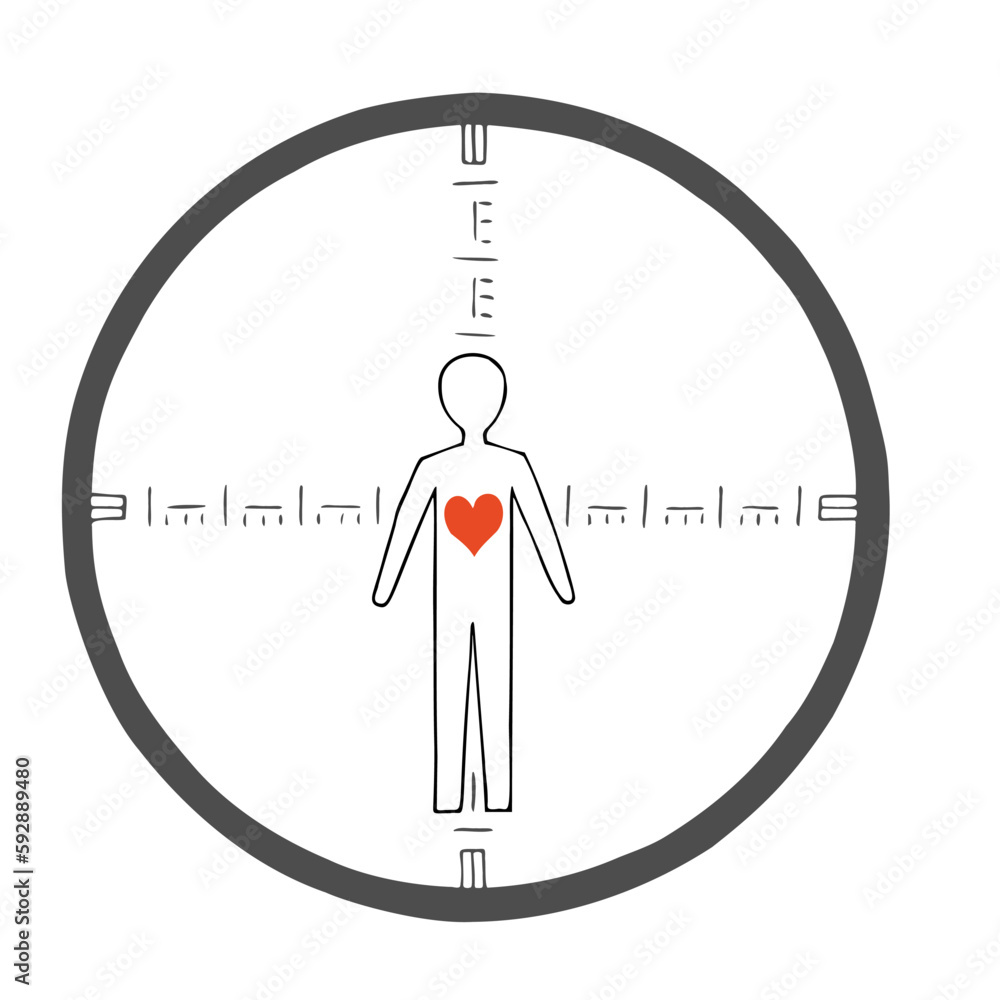 A human heart in the optical sight of a rifle. The fragility of human ...