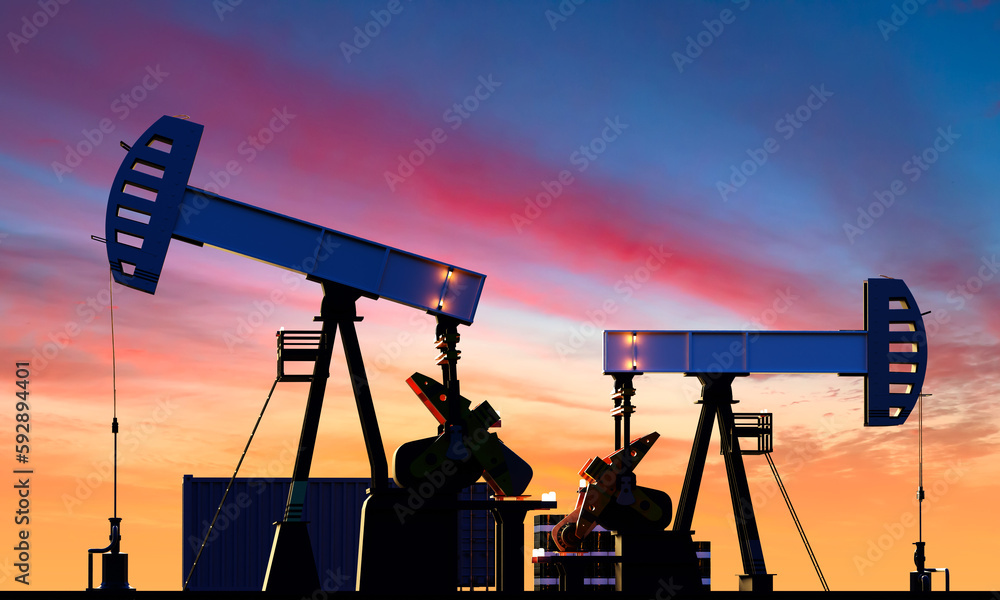 Extraction of oil products. Oil fields at sunset. Petroleum industry ...