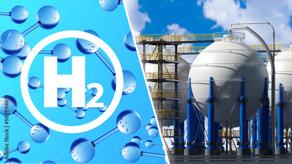 H2 energy. Water power station. H2 logo near molecules. Getting ...
