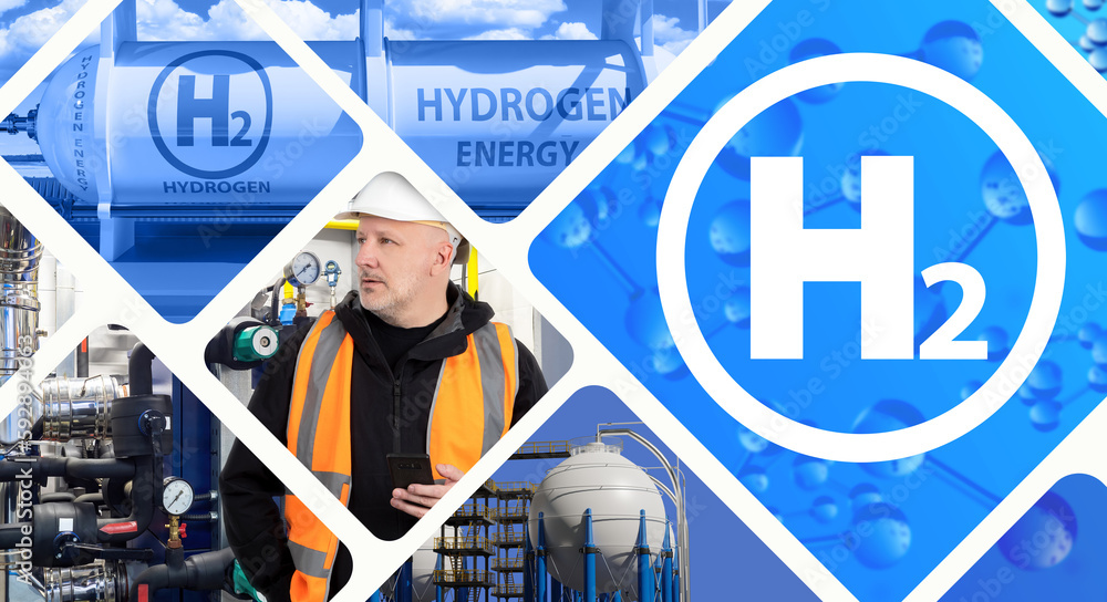 Foto de Hydrogen energy. Electric current from h2. Man power plant ...