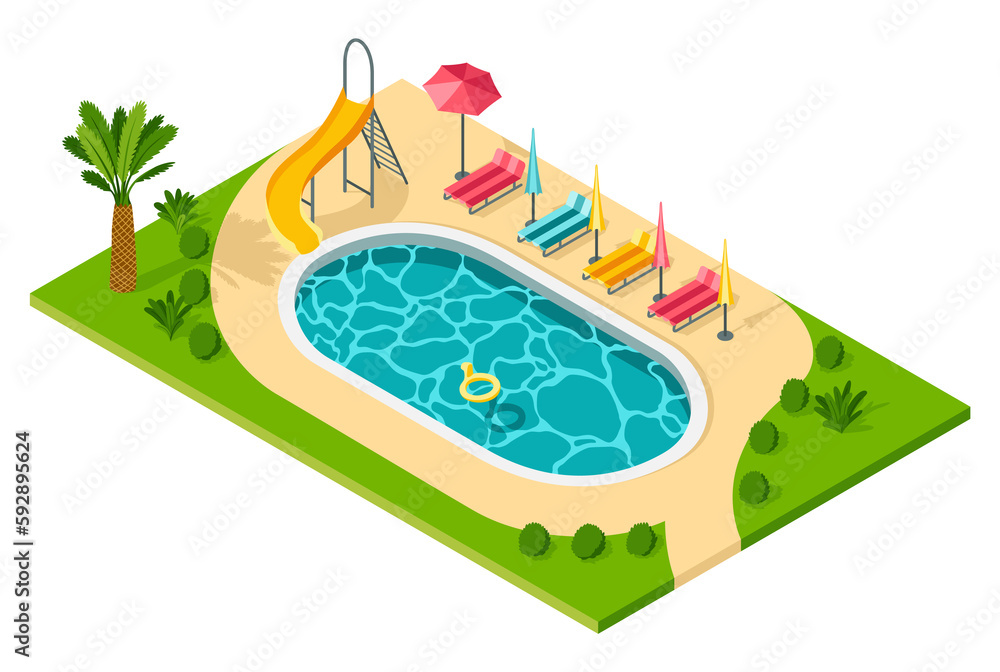 Isometric outdoor water pool. Creative swimming pool with chaise ...