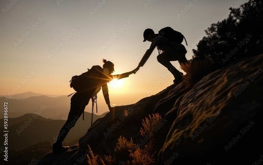 Help and assistance concept. Silhouettes of two people climbing on ...