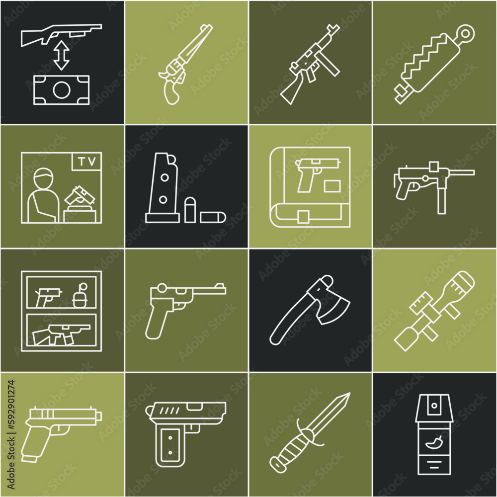 Set line Pepper spray, Sniper optical sight, Submachine gun M3, Tommy ...