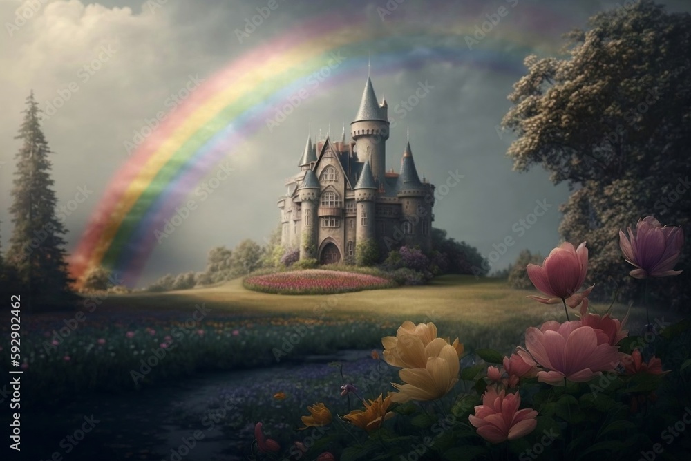 In the background, a rainbow arches over a magnificent castle ...