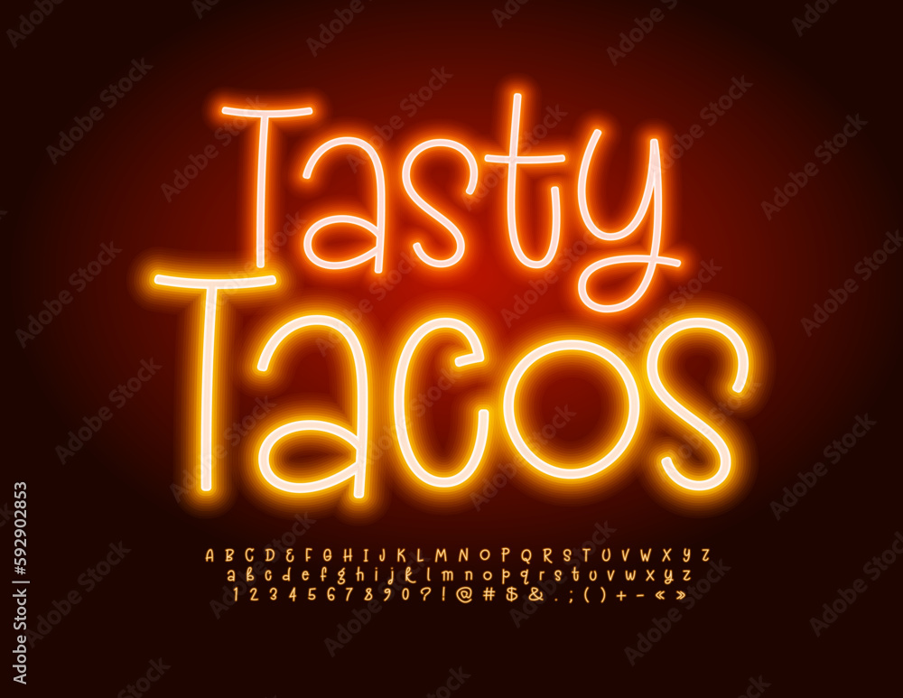 Vector creative poster Tasty Tacos. Playful Glowing n Font. Neo ...