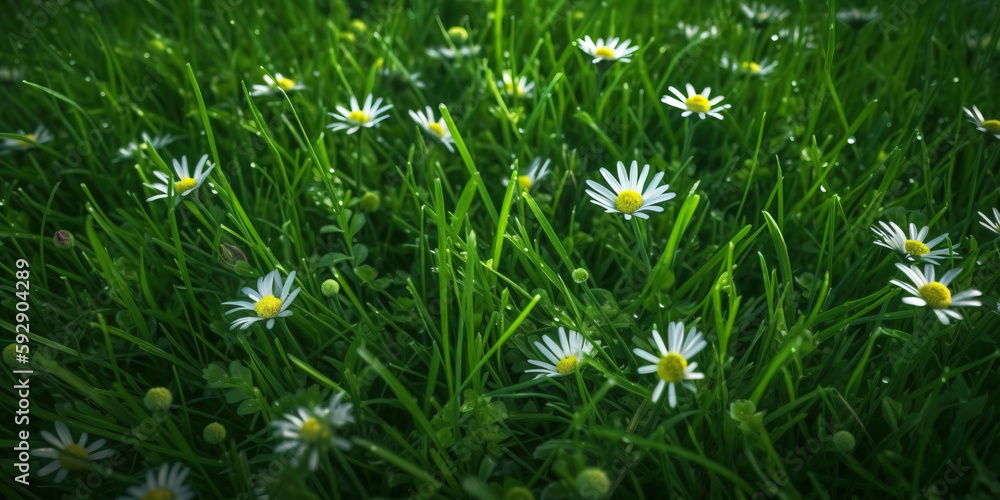 Beautiful field meadow flowers chamomile, blue wild peas in morning ...