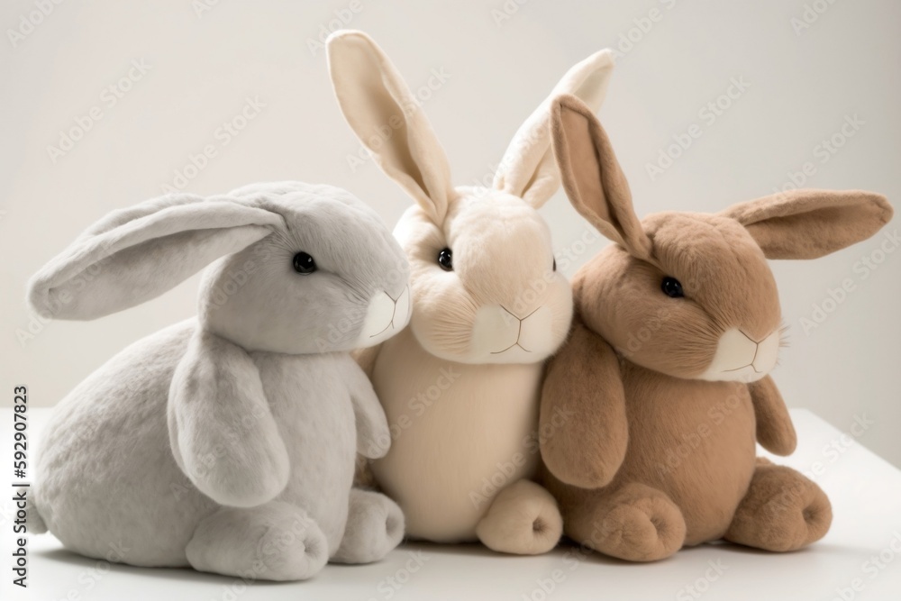 Plush rabbits photographed on a pastel or white background with natural ...