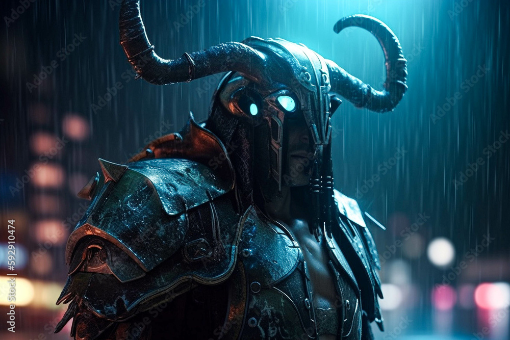 Futuristic Viking In A Cyber Armor At Night. Nordic Mythology and Norse ...