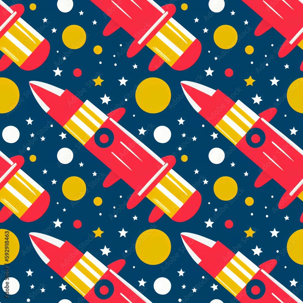 Cute seamless pattern of cartoon rockets flying in the space with shiny ...