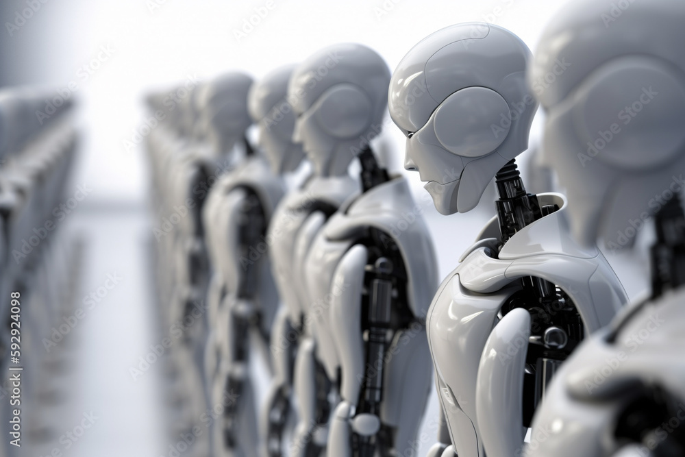 Futuristic Ai Robots standing in a row, masses of robots, taking over ...