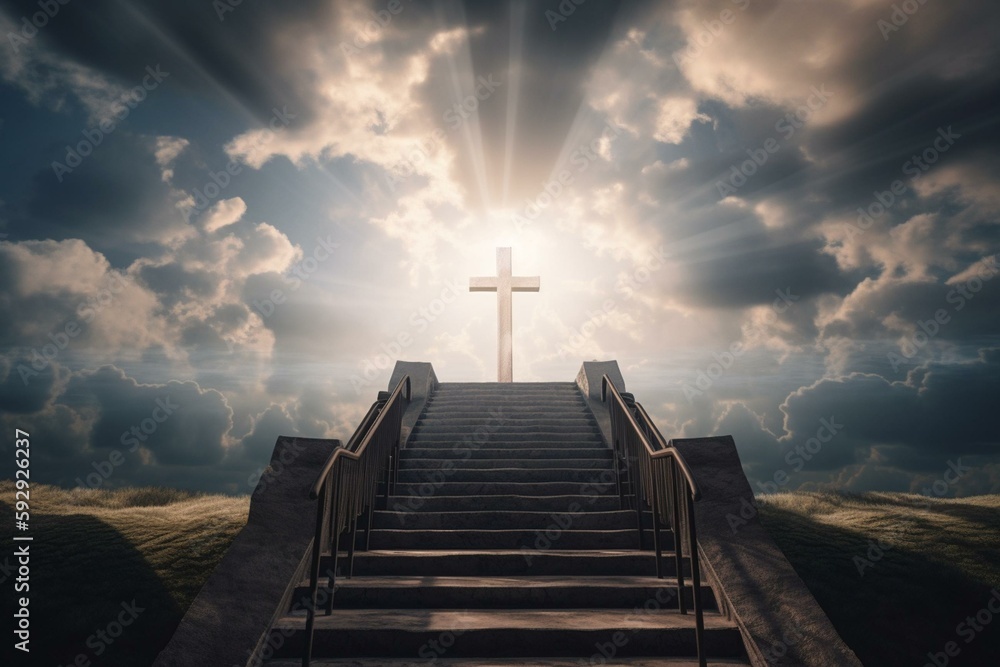 Light to Heavenly Sky with cross symbol, Stairway steps door leading to ...