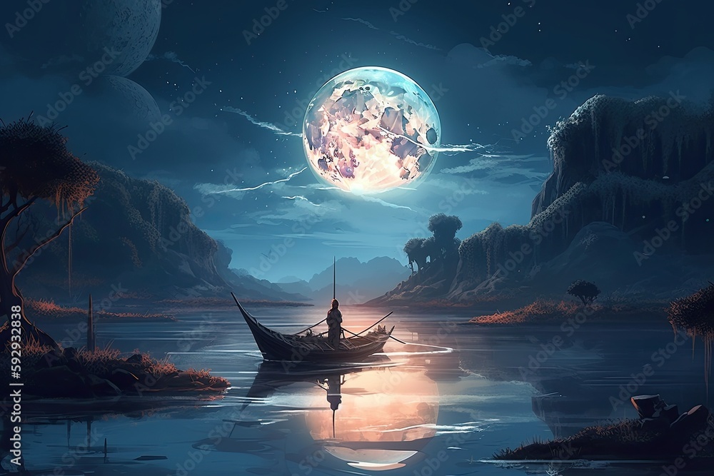 Night scenery of a man rowing a boat towards a giant moon, fantasy ...