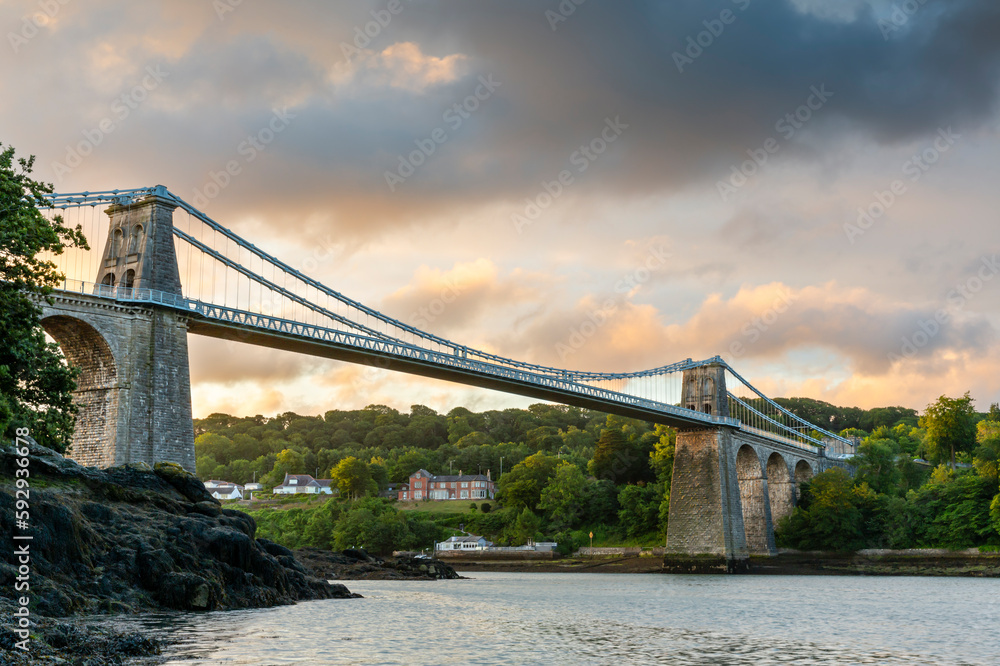 Sunrise at the Menai Suspension Bridge. Connecting the island of ...