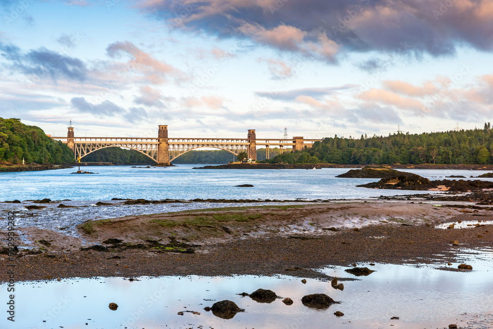 The Britannia Bridge spanning the Menai Strait between Anglesey and the ...