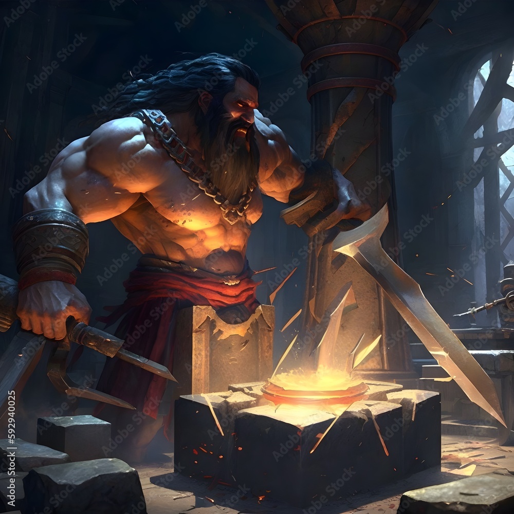 forging weapons on an anvil similar to inside greek temple contrasted ...