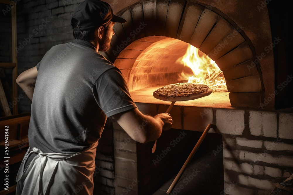 Pizzero metiendo pizza al horno de leña. Pizza tradicional casera en ...